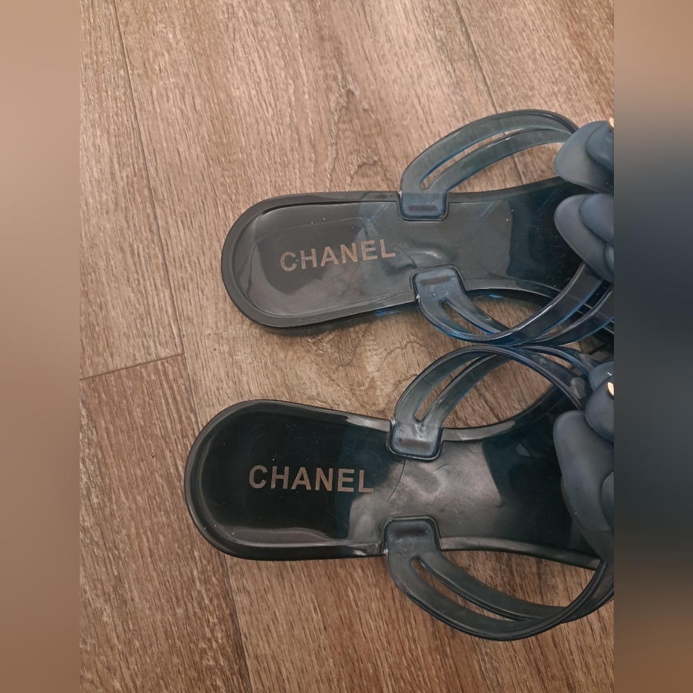 Chanel Interlocking Cc Rubber Thong Slides Blue Sanda… - Gem